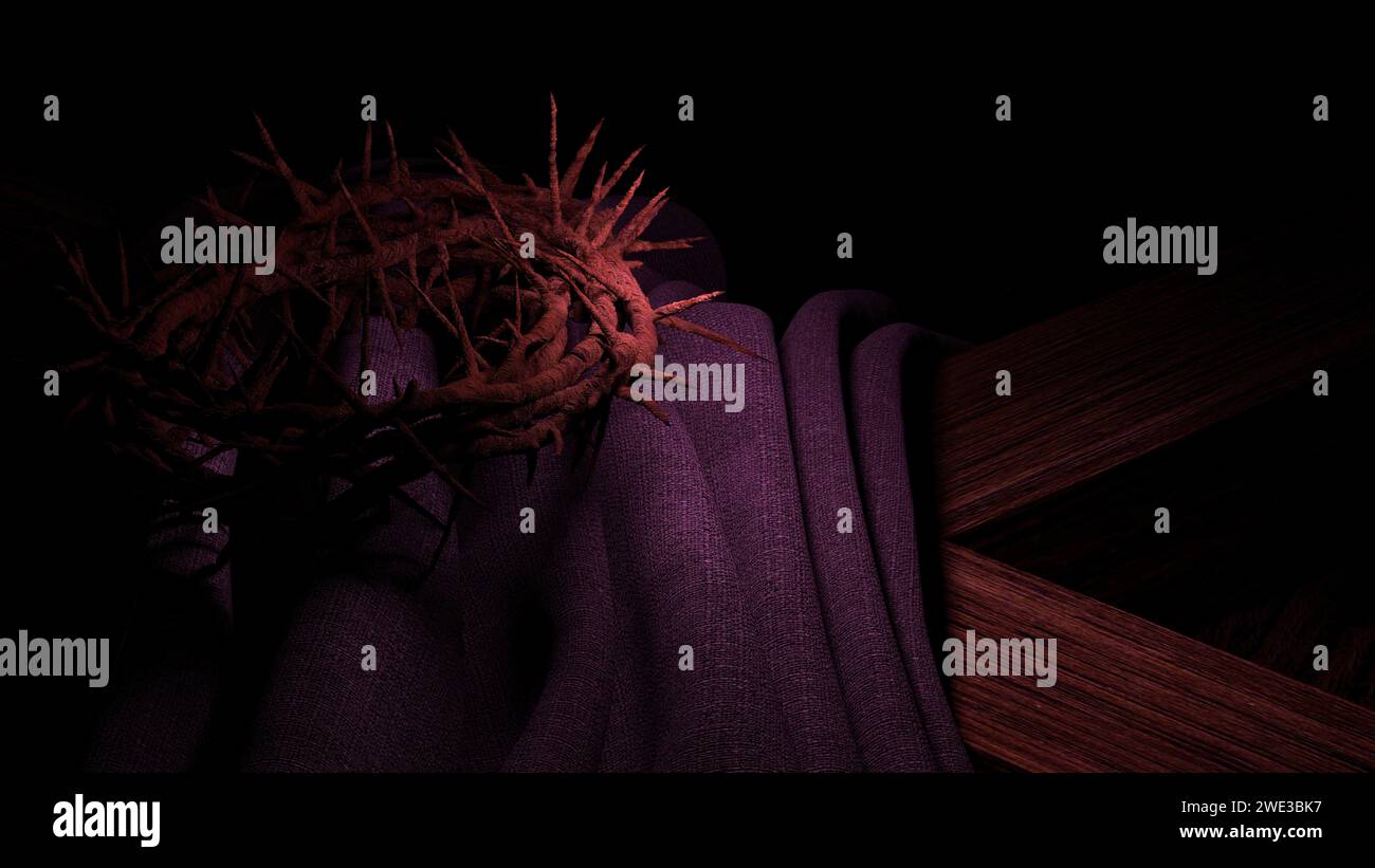 The crown of thorns of Our Lord Jesus Christ on the purple robe and on ...