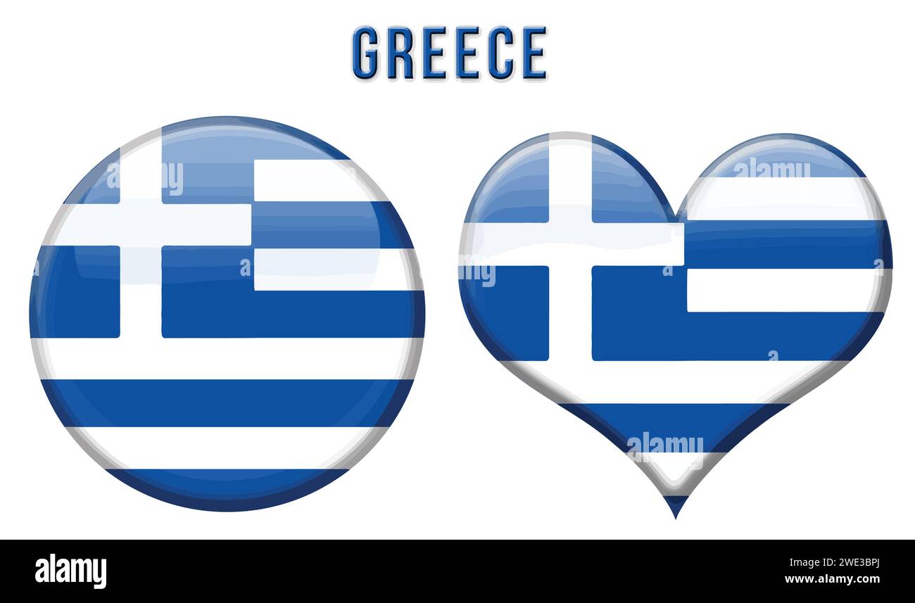 Greek flag in rounded and heart shape buttons, vector illustration ...