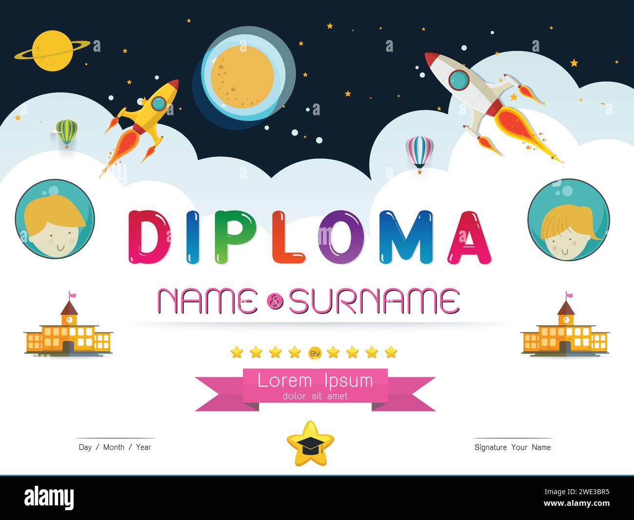Certificate kids diploma, kindergarten template layout space background ...