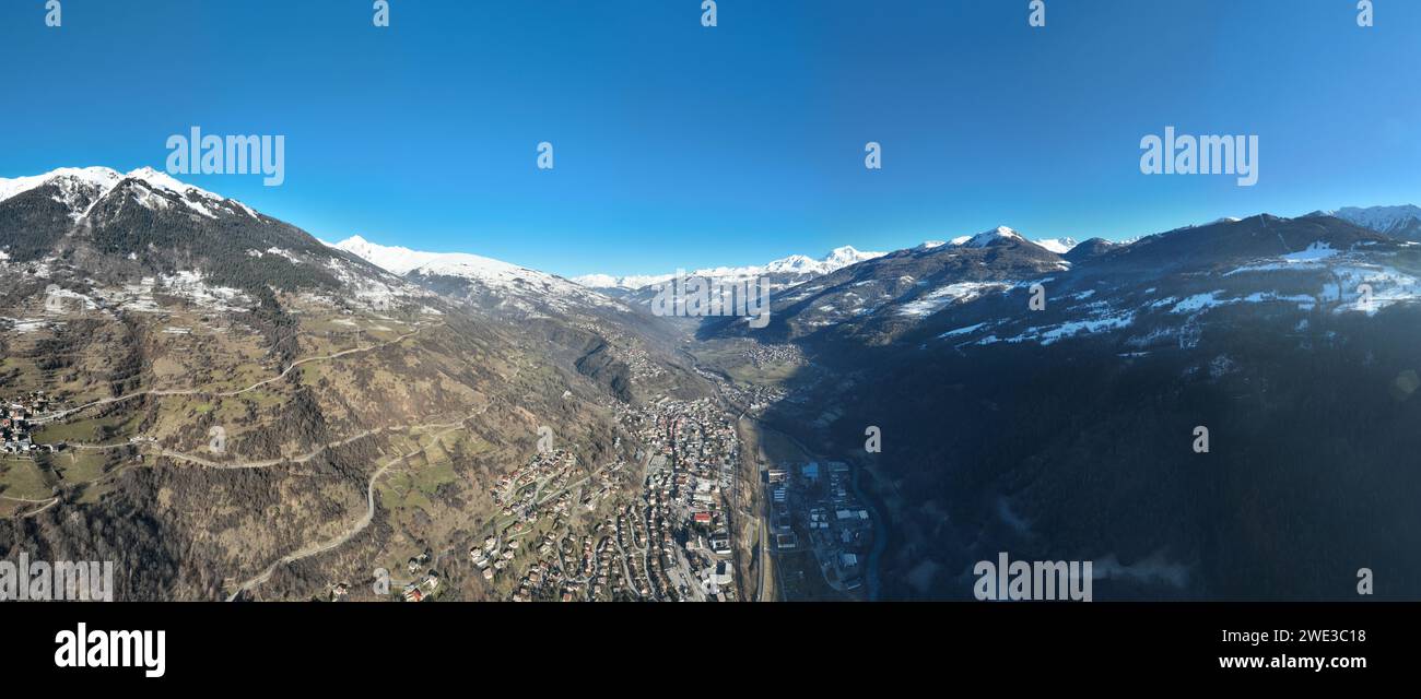 Winter drone shot of ski pistes and slopes covered with fresh powder ...