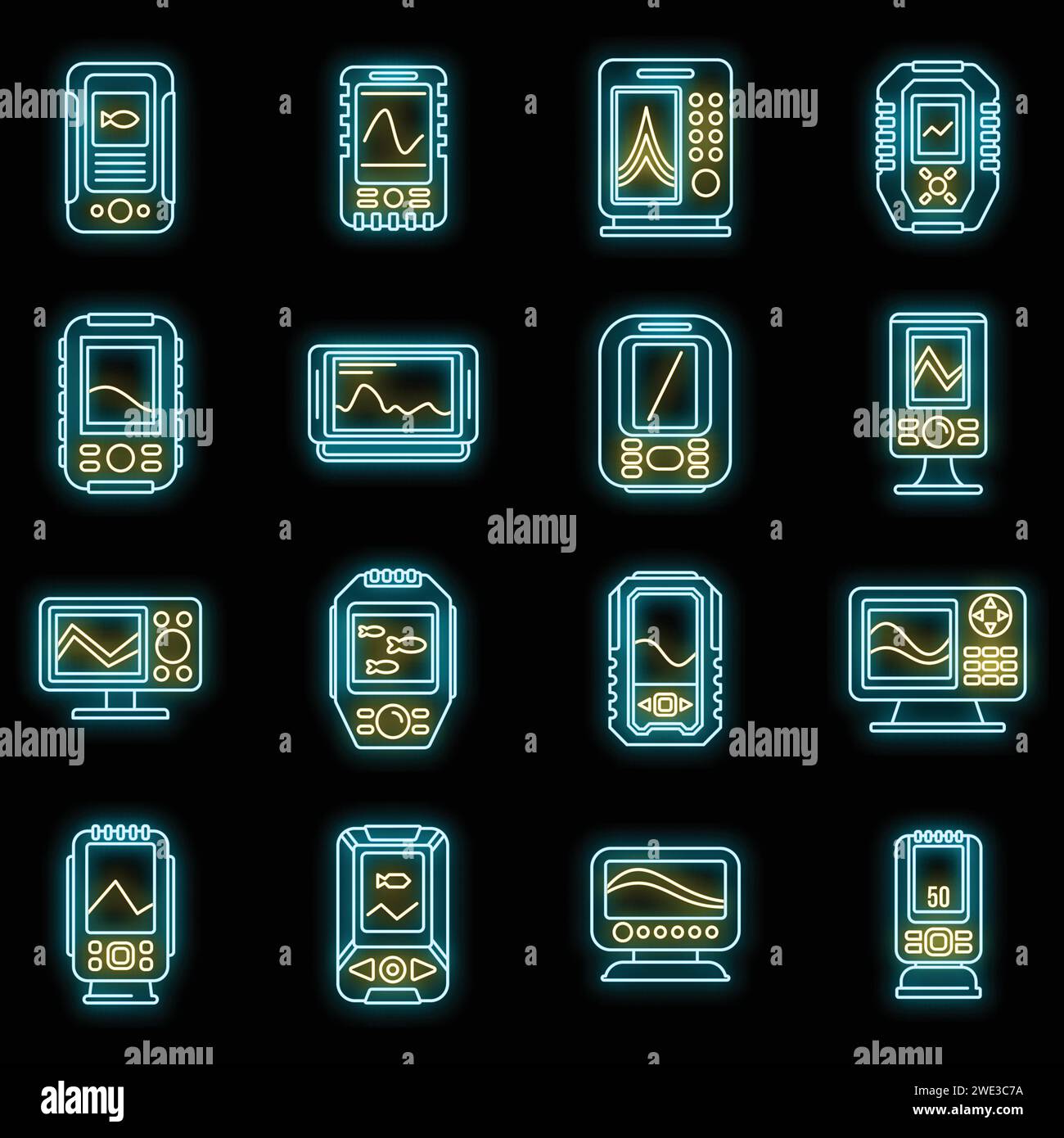 Echo sounder icons set. Outline set of echo sounder vector icons neon ...