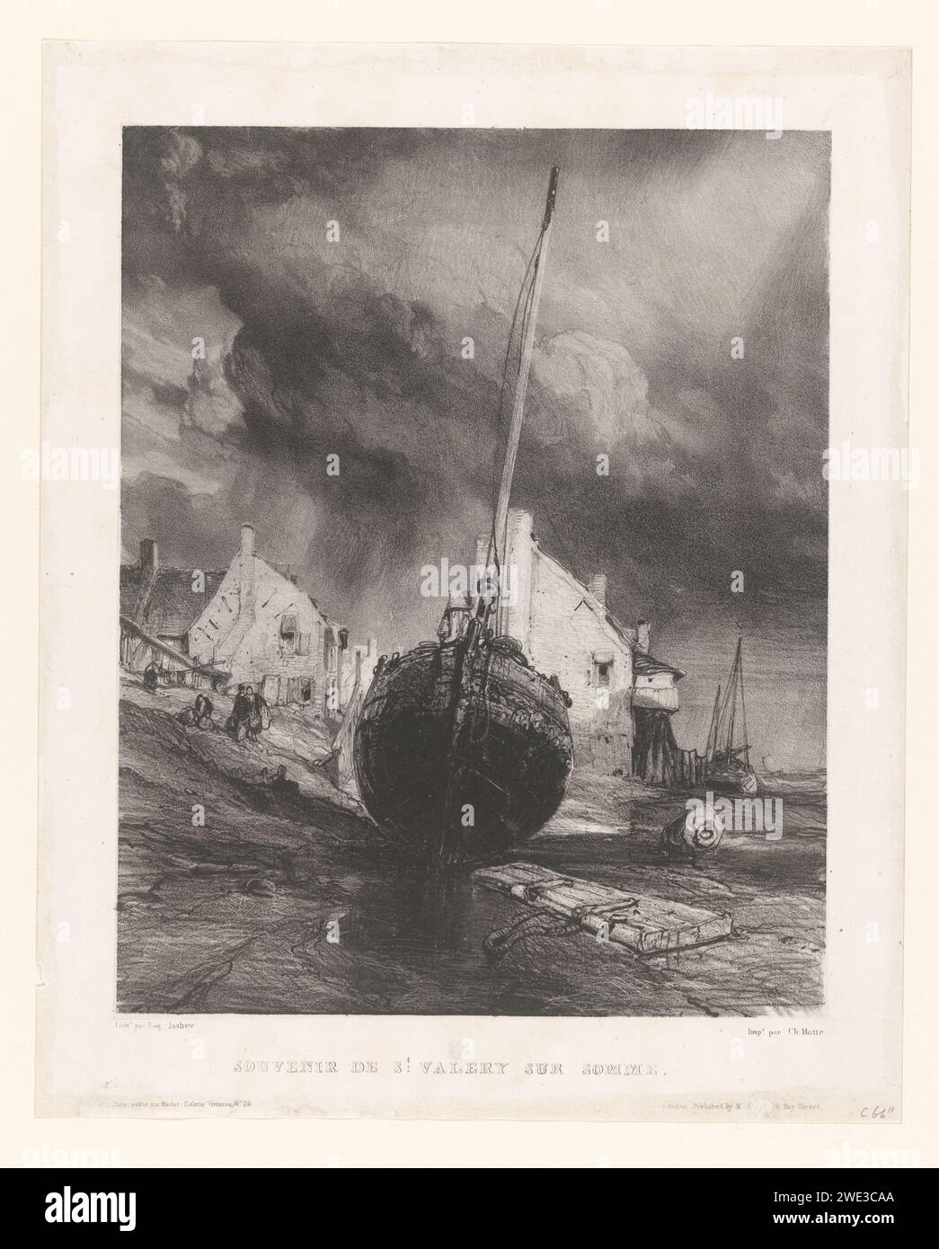 Ship on the beach of Saint-Valery-sur-Somme, Eugène Isabey, 1833 print ...