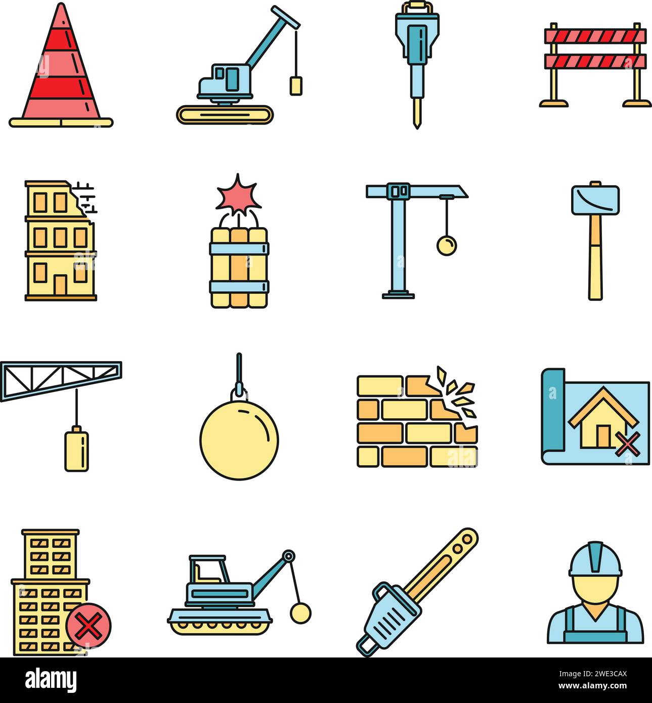 City demolition work icons set. Outline set of city demolition work vector icons thin line color ...