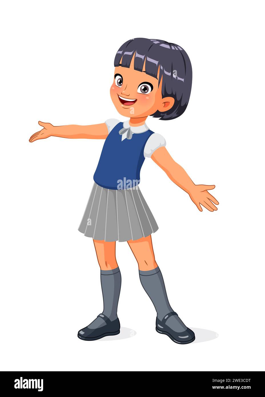 Asian girl in school uniform greeting with wide open arms. Cartoon ...