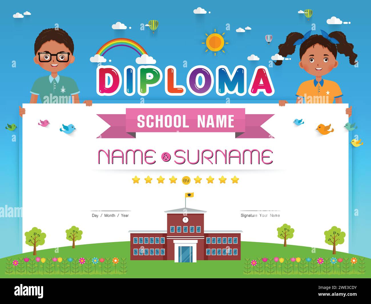 Certificate kids diploma, kindergarten template layout background frame ...