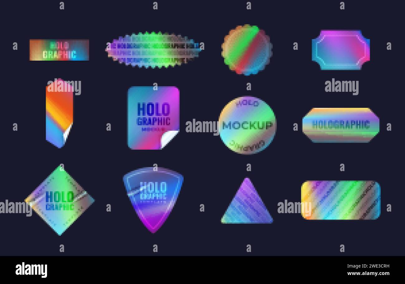 Holographic stickers mockup. Hologram sticker, iridescent neon label ...