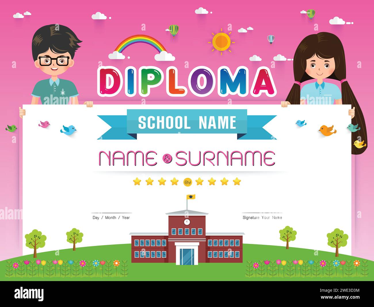 Certificate kids diploma, kindergarten template layout background frame ...