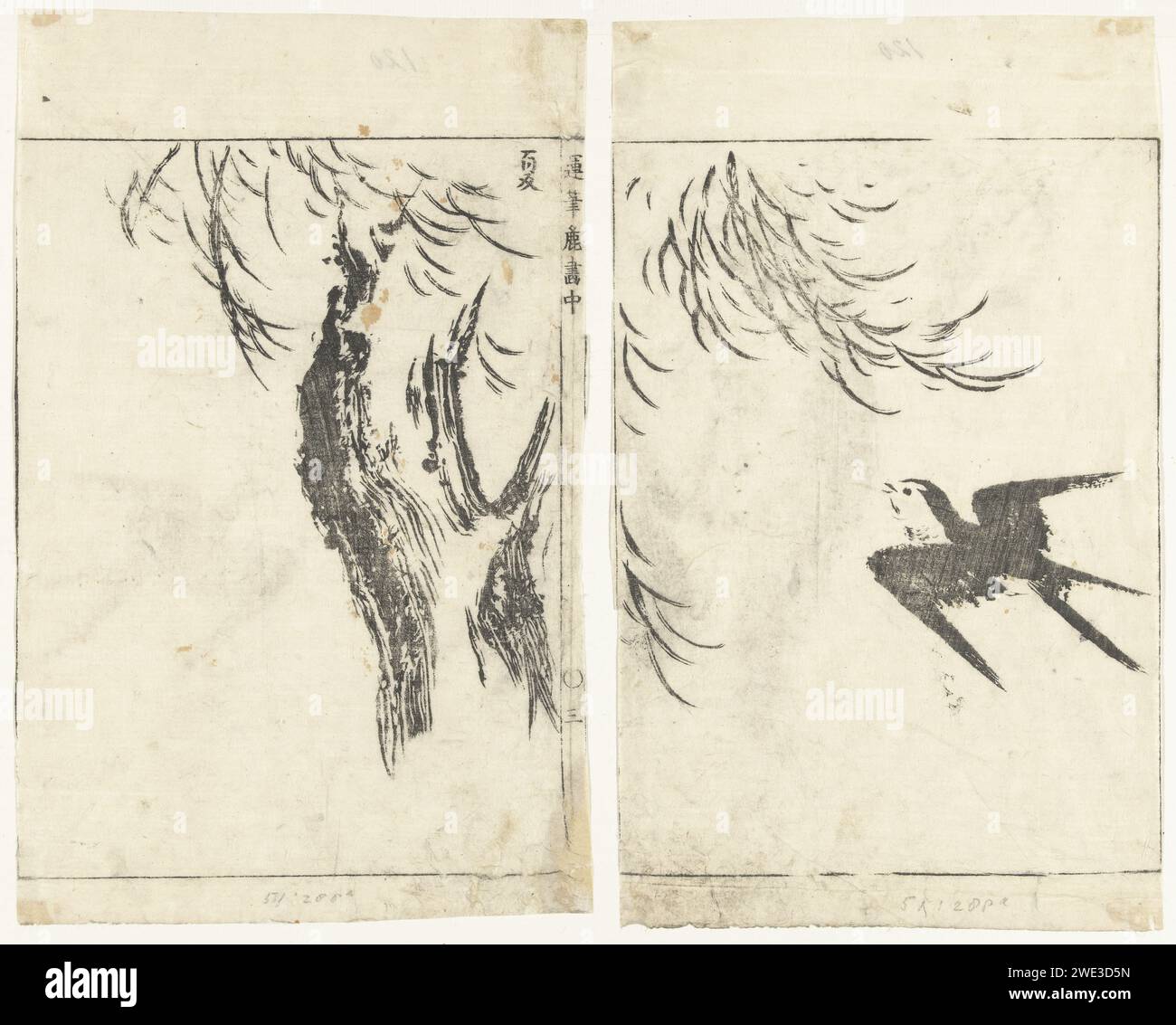 Zwaluw en Wilg, Tachibana Morikuni, 1849 print Swallow flying at a mourning willow. Two pages ...