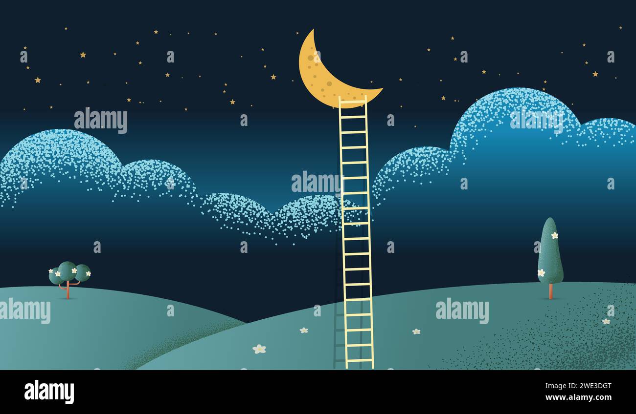 A ladder reaching up to the moon against on night scene beautiful ...