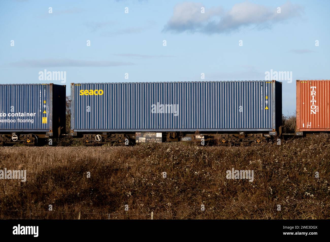 Seaco container on a freightliner train, Warwickshire, UK Stock Photo ...