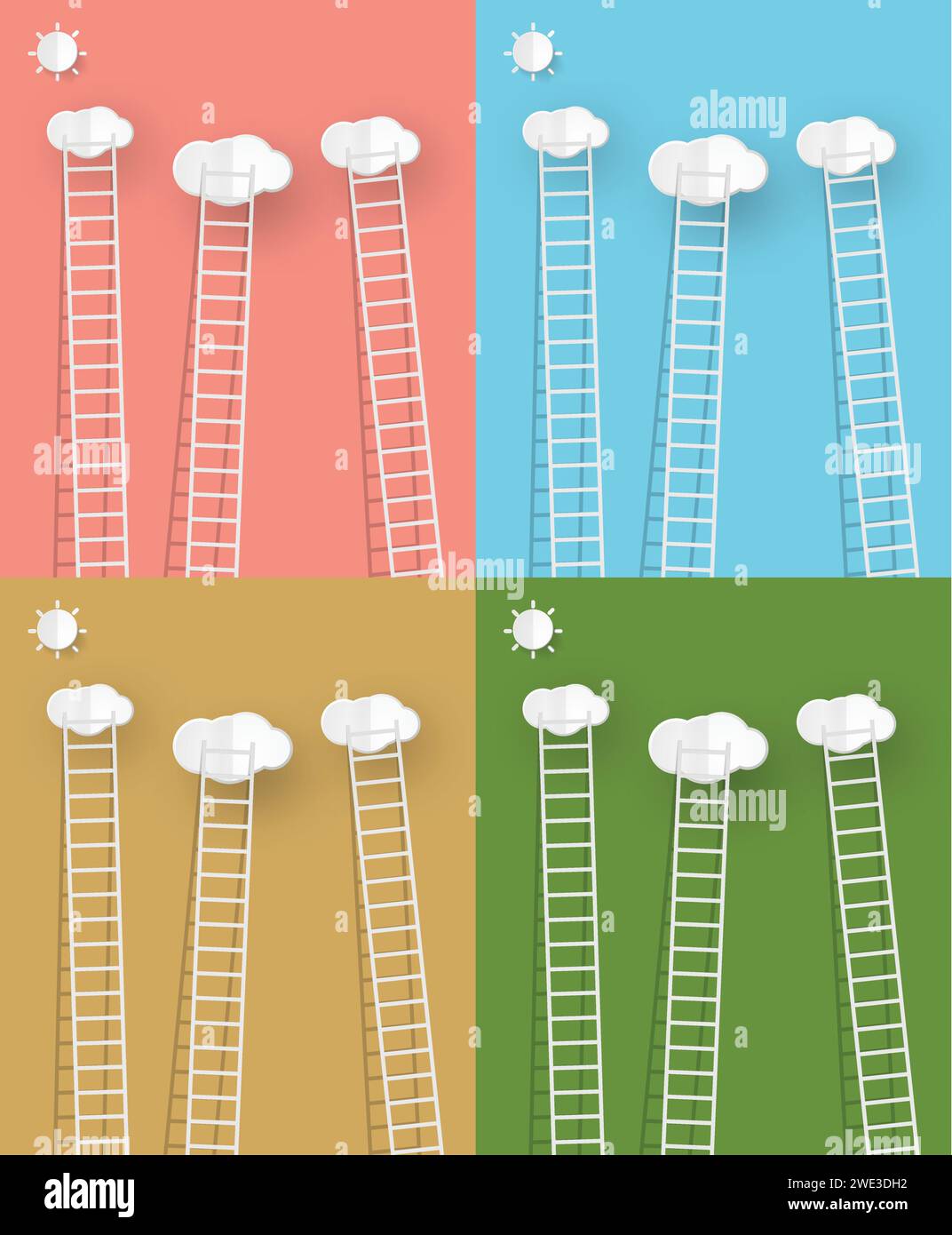set of Illustration of a ladder reaching up to the clouds against on ...