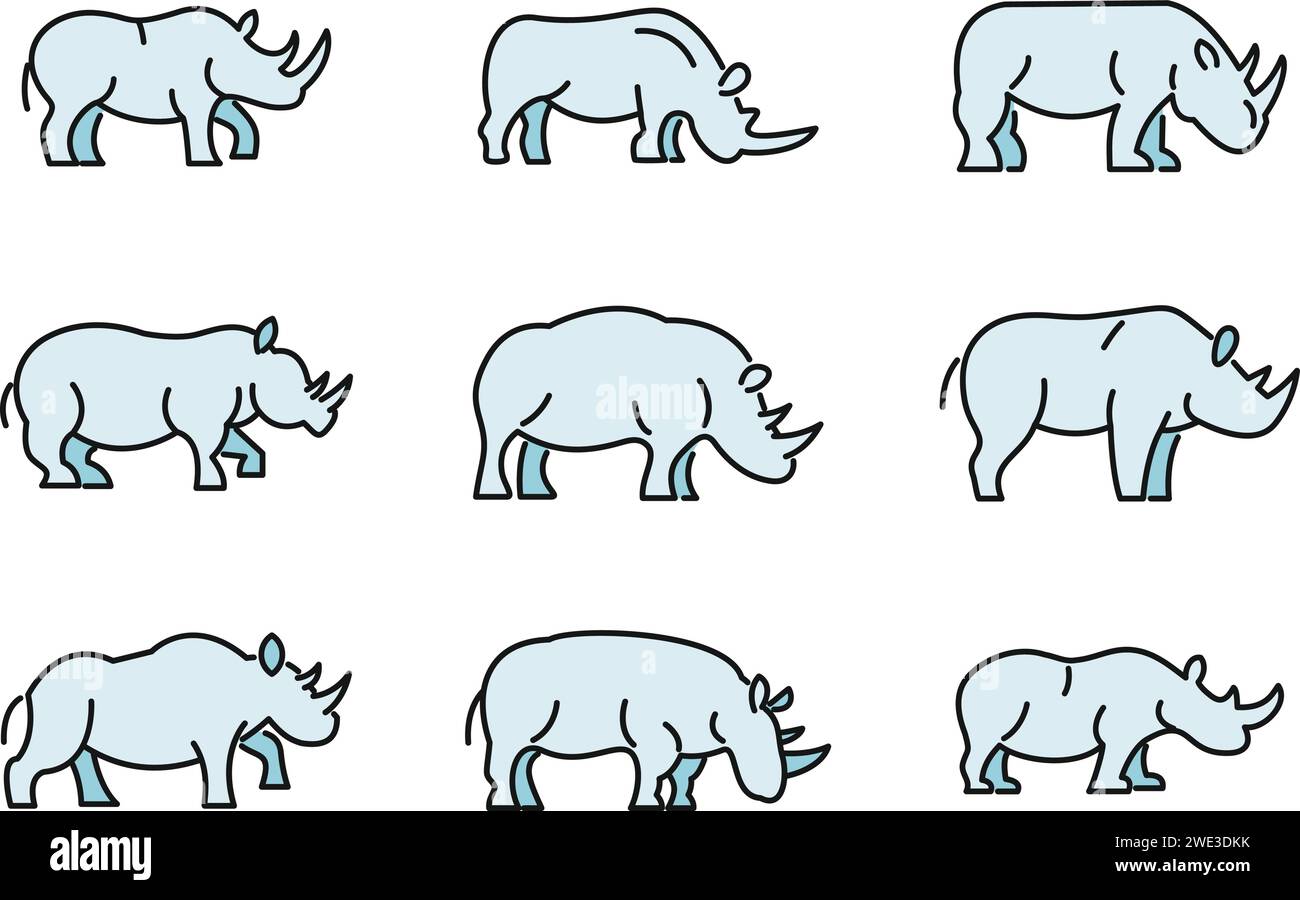 Rhino icons set. Outline set of rhino vector icons thin line color flat on white Stock Vector ...