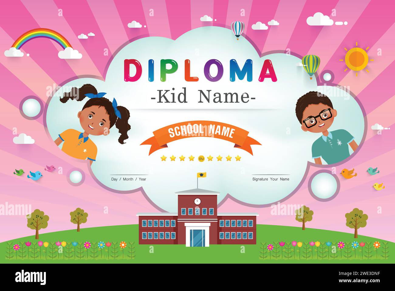 Certificate kids diploma, kindergarten template layout background frame ...