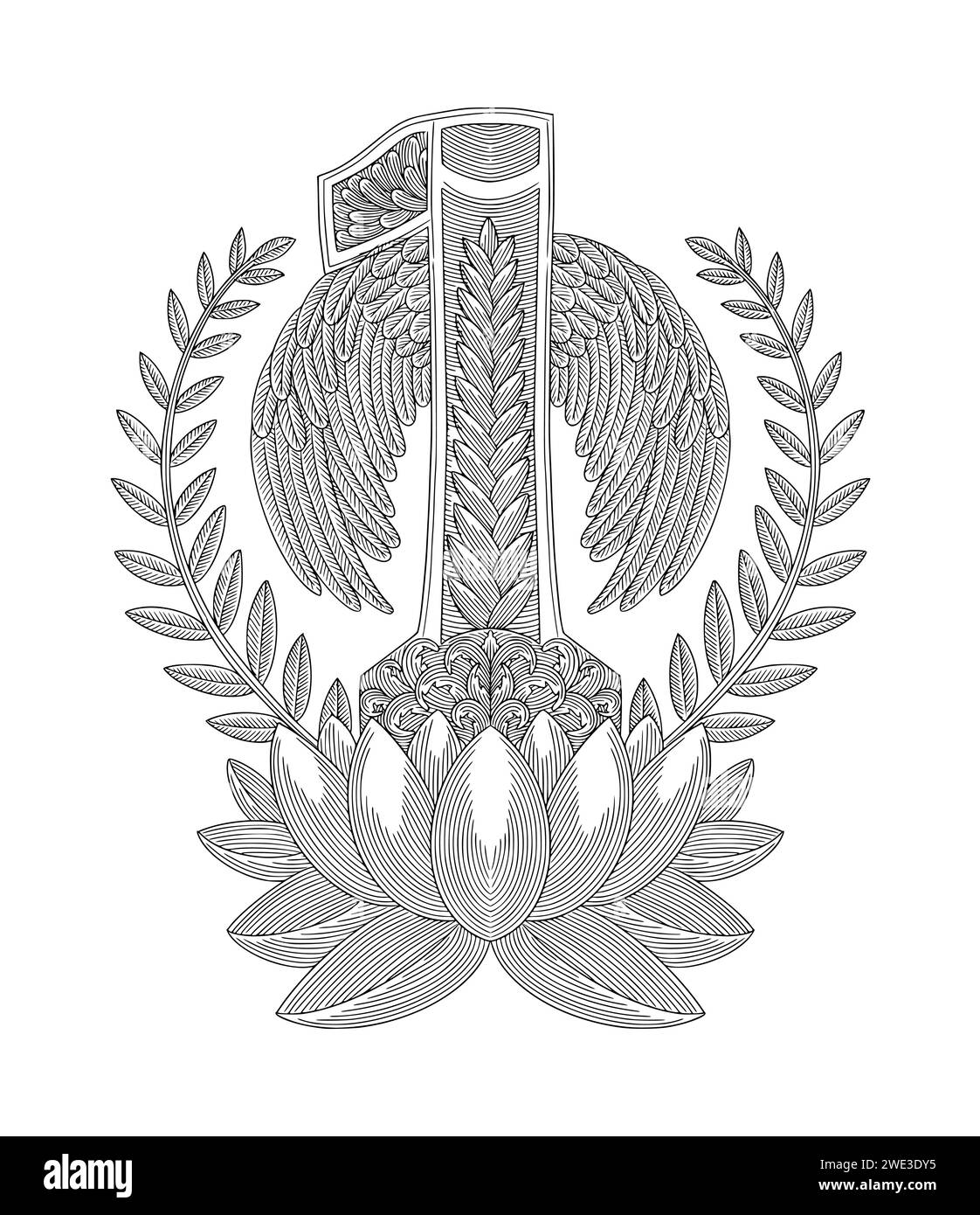 antique number one, with lotus flower wings and ornament, vintage ...