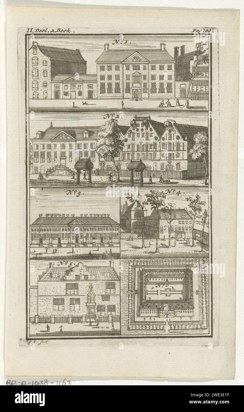 Six different buildings in Amsterdam, Anna Folkema, 1723 print Six ...