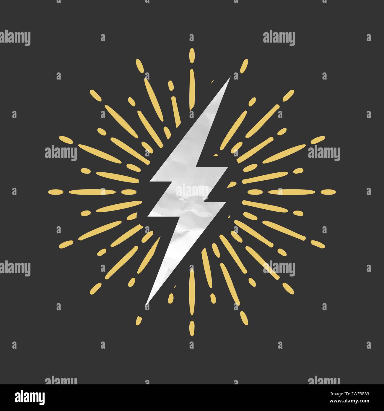 Vintage lightning bolt and sunrays. Lightnings with crumpled paper ...
