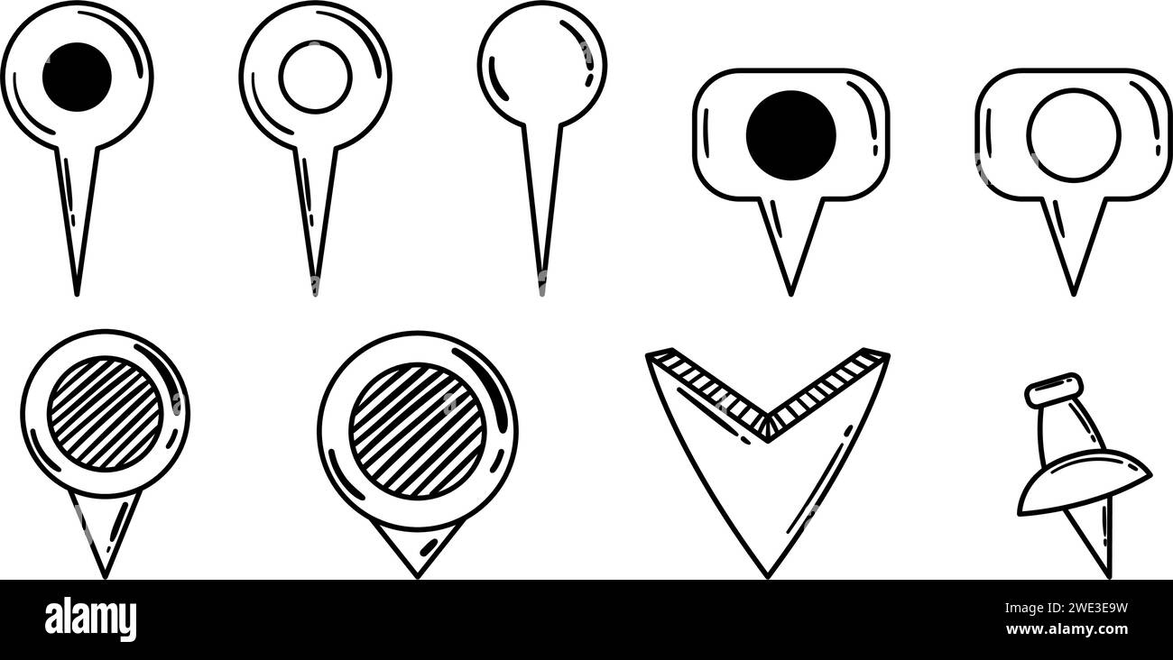 Set of Hand Drawn Doodle Location Pins. Diversify Your Designs with Various Navigation Markers ...