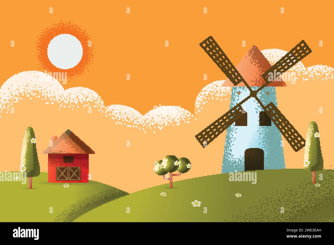 Cartoon Farm Field Green Seeding Field Red Barn On A Green Farmers Field Large Field Farming