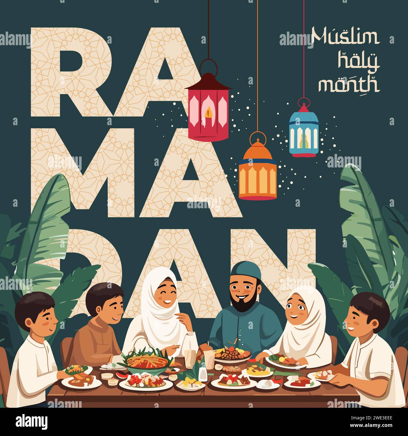 Islamic holy month Ramadan Kareem square banner. Muslim believers in ...