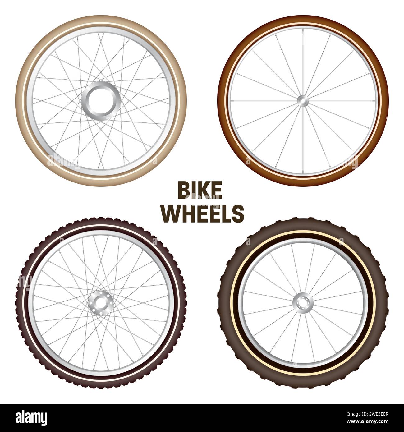Realistic 3d retro bicycle wheels. Vintage bike rubber tyres, shiny ...