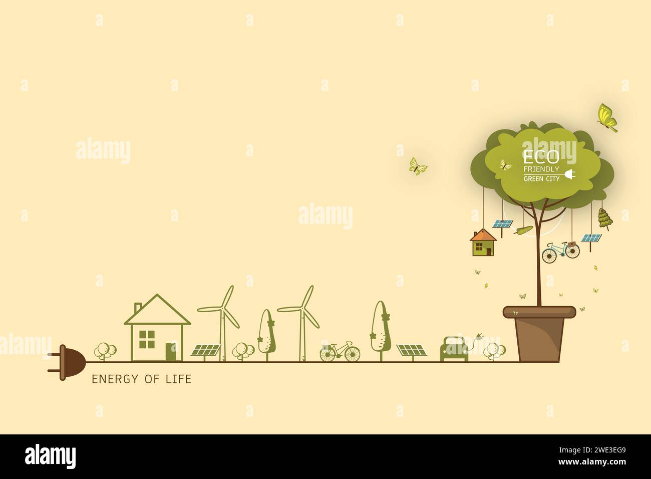 Vector illustration of eco earth with of wind turbine, bike , solar ...
