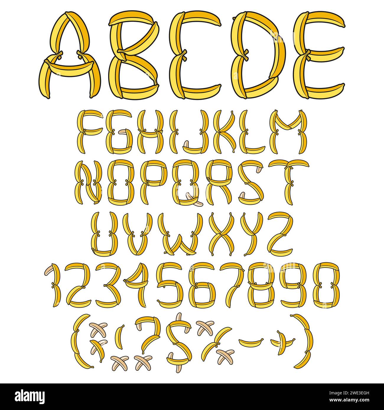 Alphabet, letters, numbers and signs from yellow bananas. Isolated ...