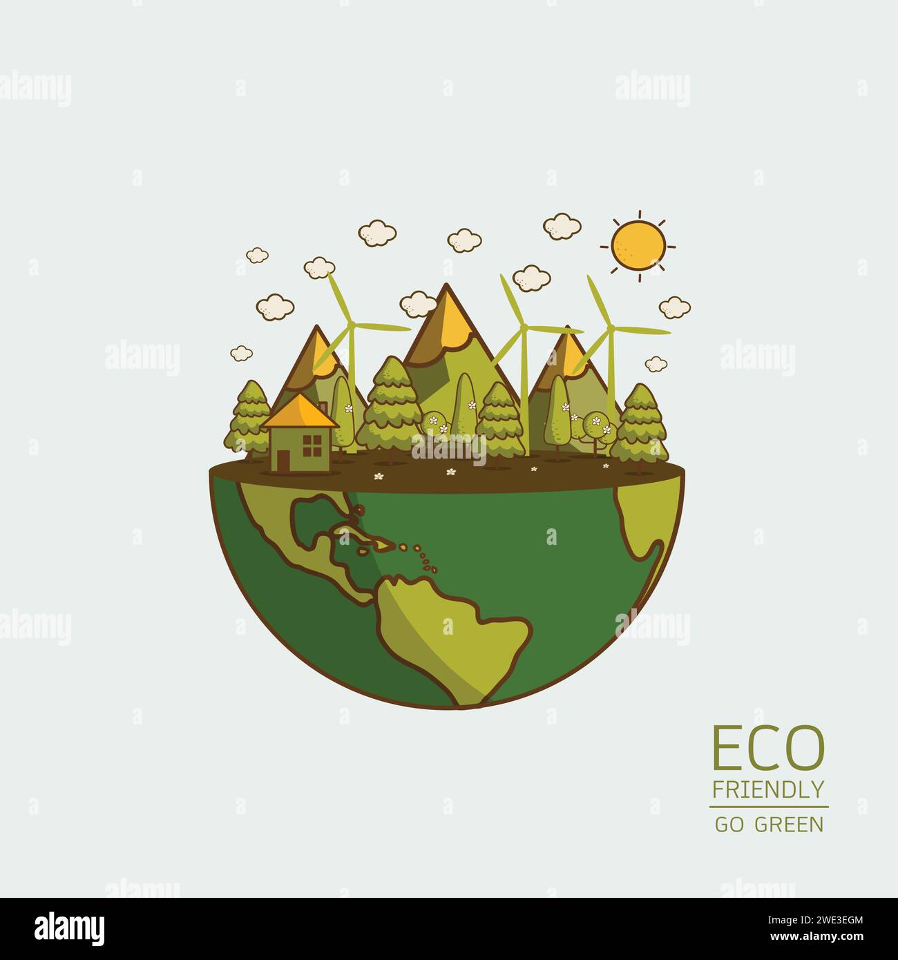 Vector illustration of earth with of wind turbine, house, and trees ...