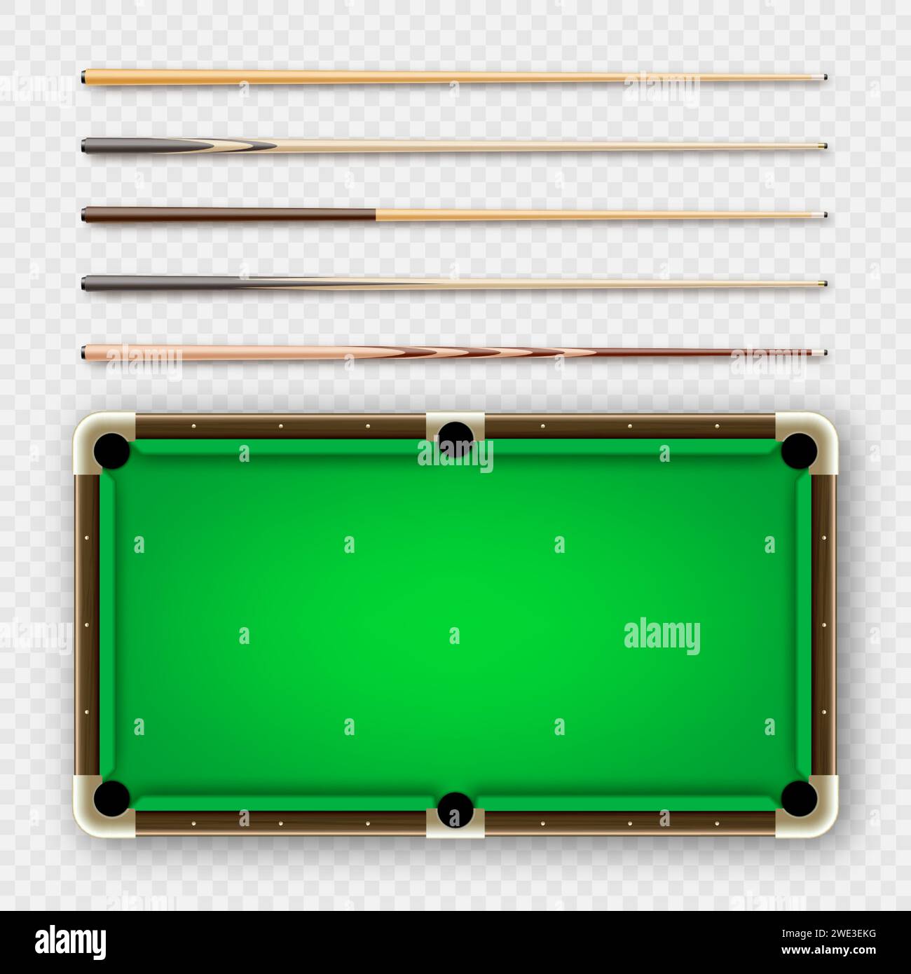 Various wooden billiard cues and green pool table. Snooker sports equipment. Vintage cue ...