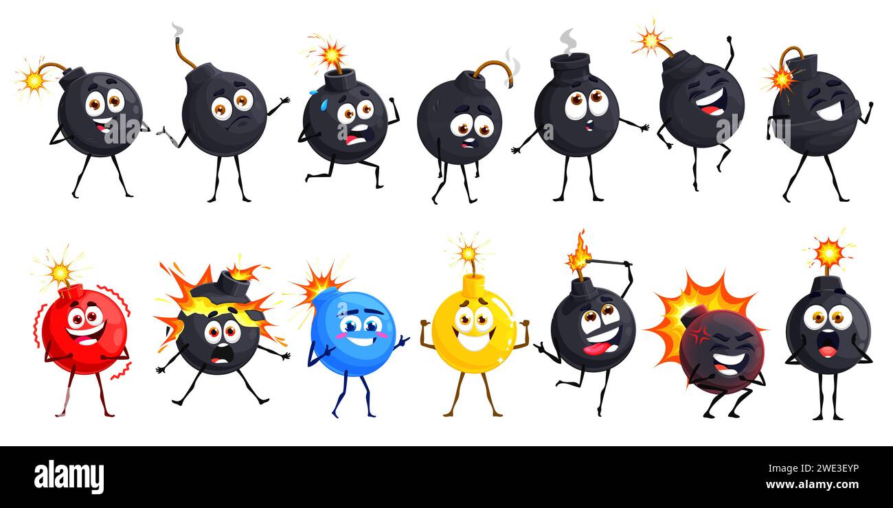 Cartoon bomb characters and wick fuse, explosive weapon personages with ...