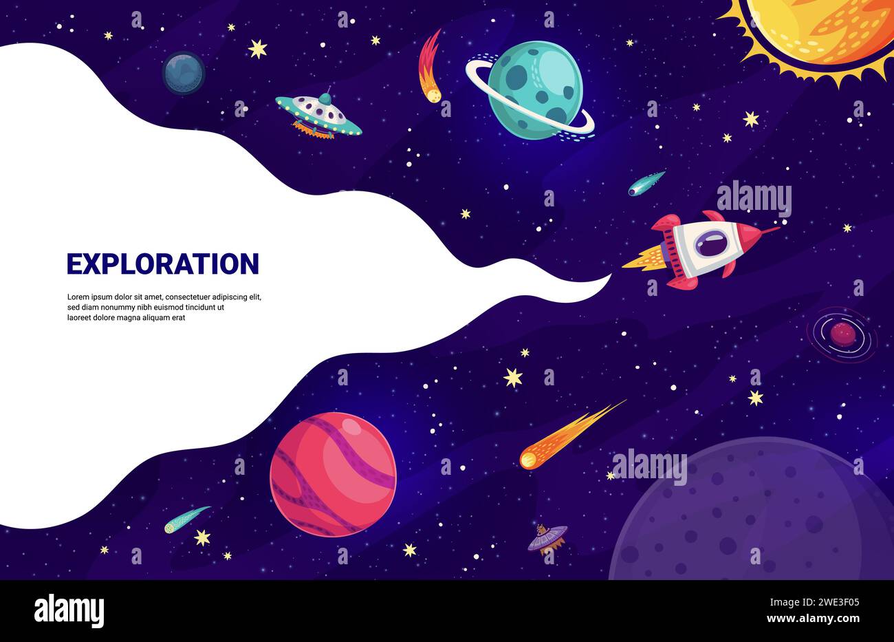 Cartoon space rocket with chemtrail in starry galaxy for planets ...