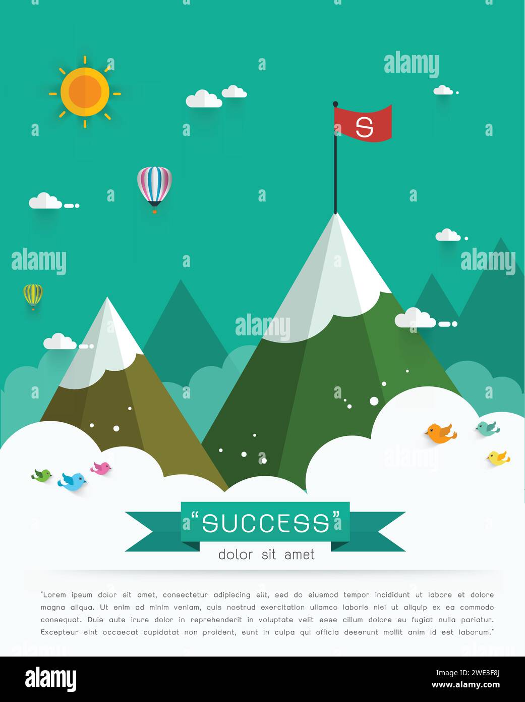 Landscape with flag on the mountain. Success concept illustration ...