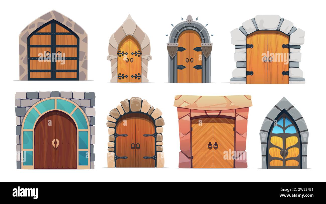 Cartoon medieval castle gates, wooden doors, arch entrance. Vector ...