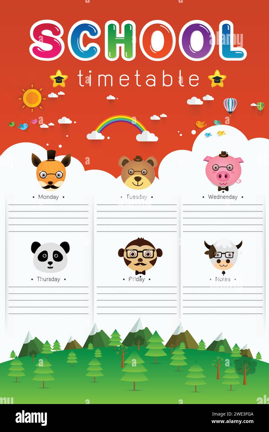 background frame design of School Timetable with animal head, Schedule ...
