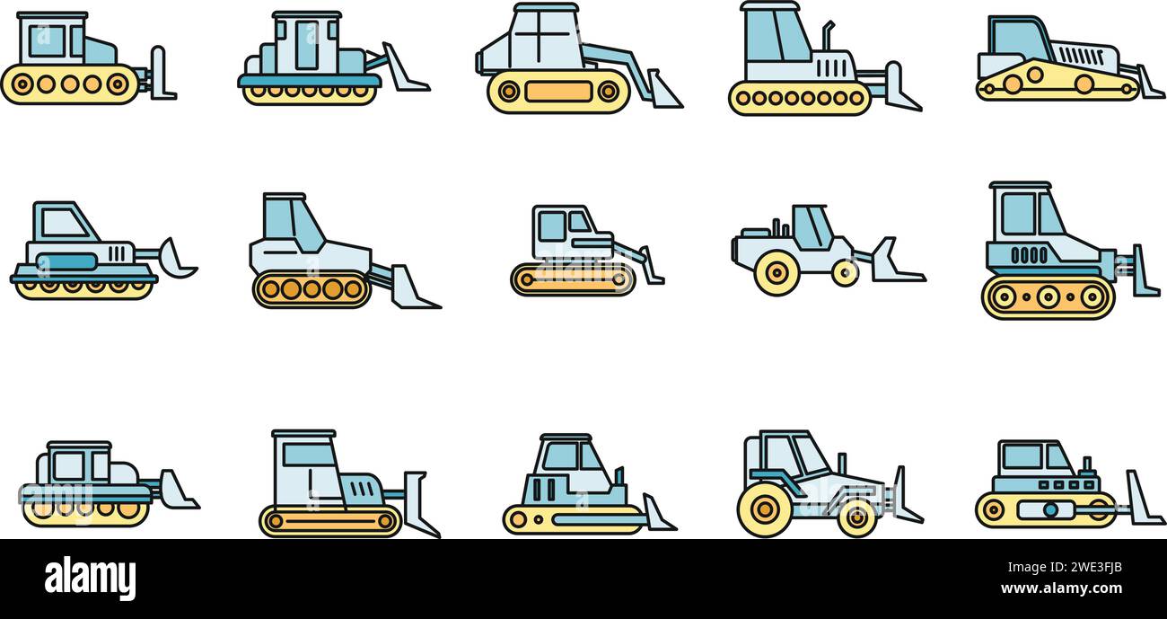 Construction bulldozer icons set. Outline set of construction bulldozer ...