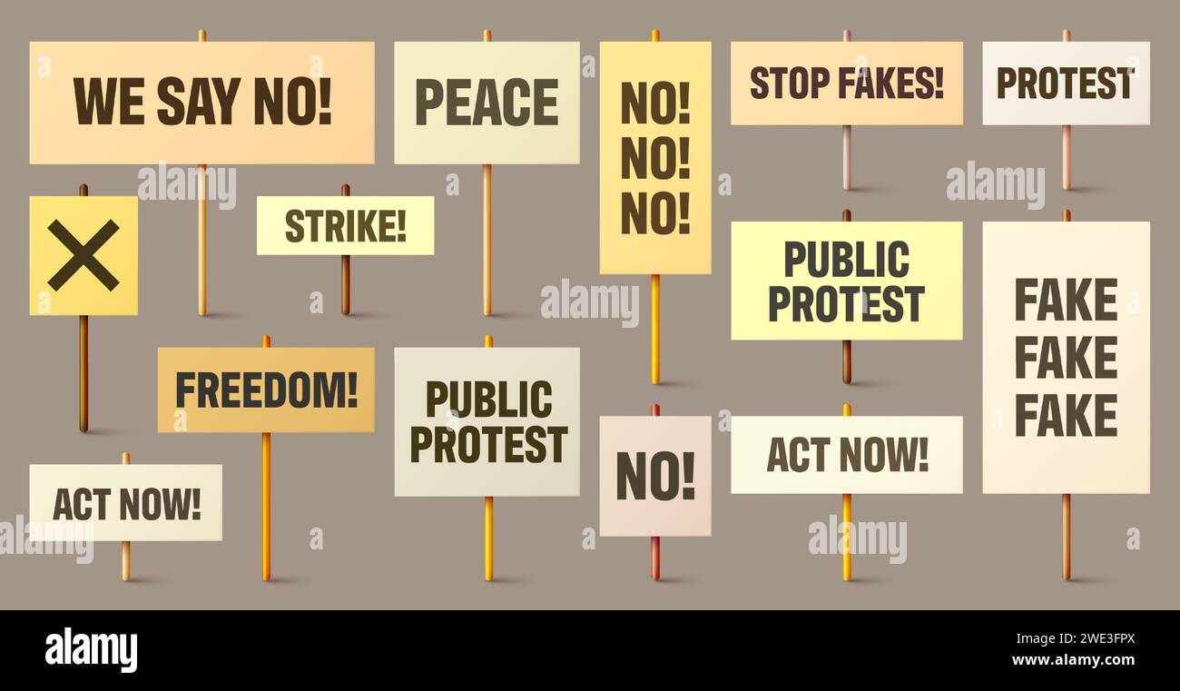 Colorful protest signs with slogan on wooden holder. Realistic vector ...