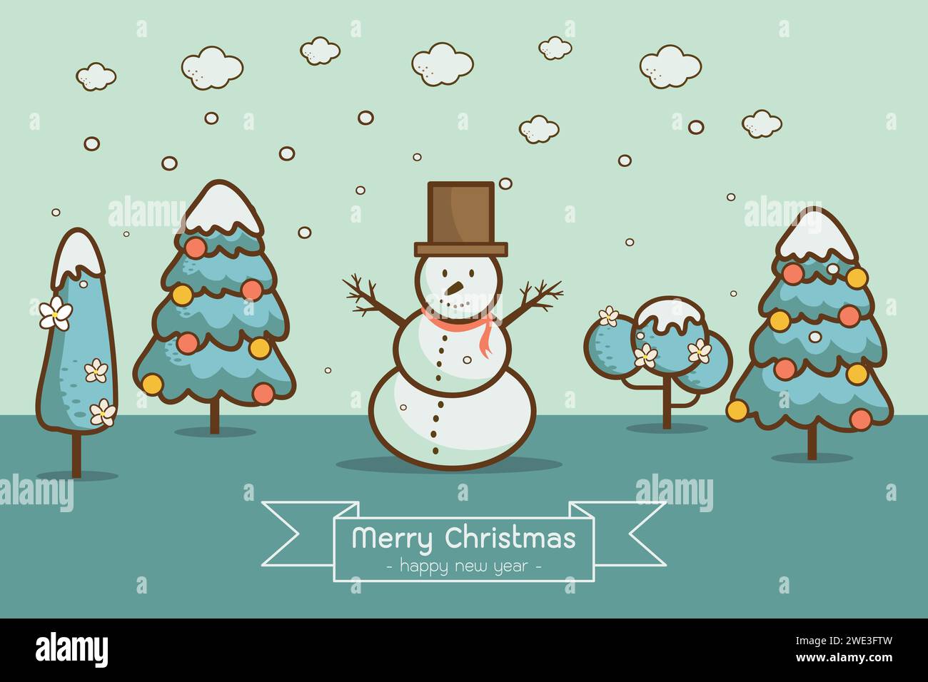 Nature, cartoon style winter landscape with Christmas trees, snowman ...