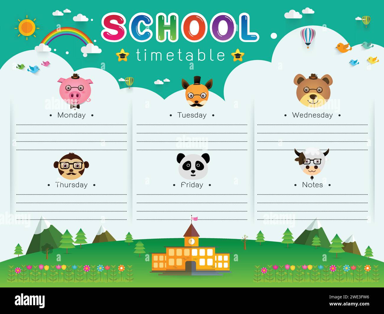 background frame design of School Timetable with animal head, Schedule ...