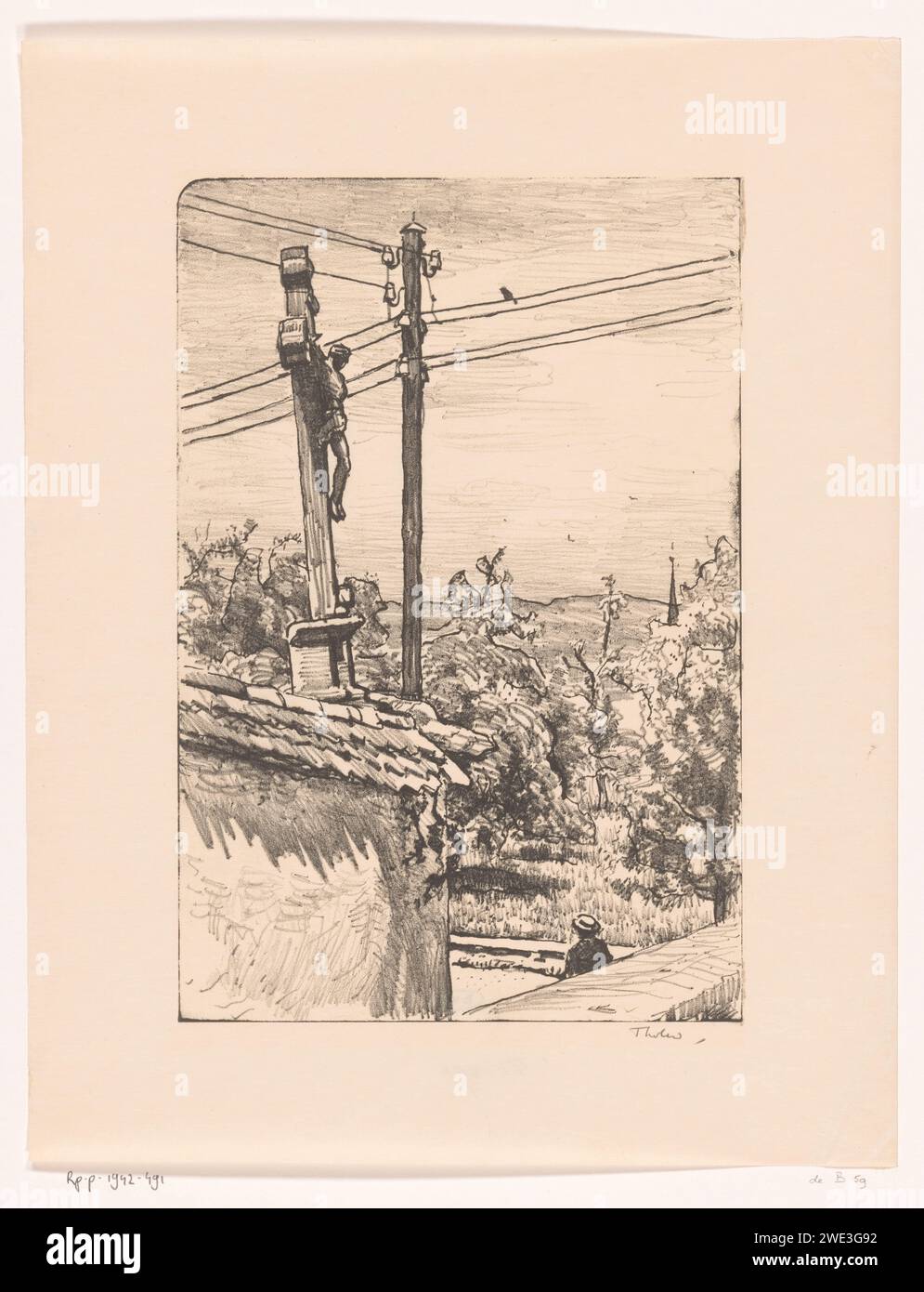 Landscape with telegraph post and cross with Christian statue, Willem ...