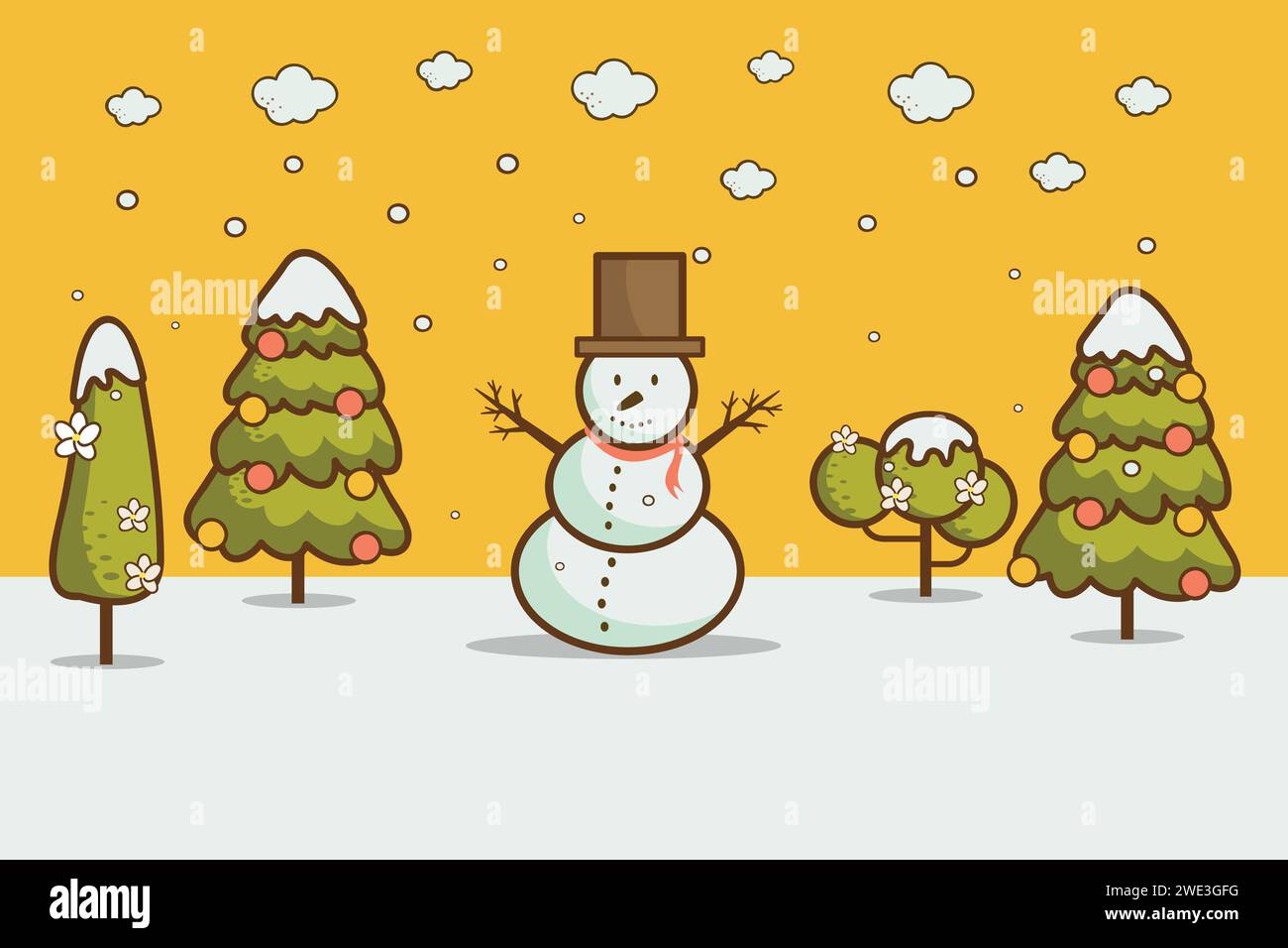 Nature, cartoon style winter landscape with Christmas trees, snowman ...