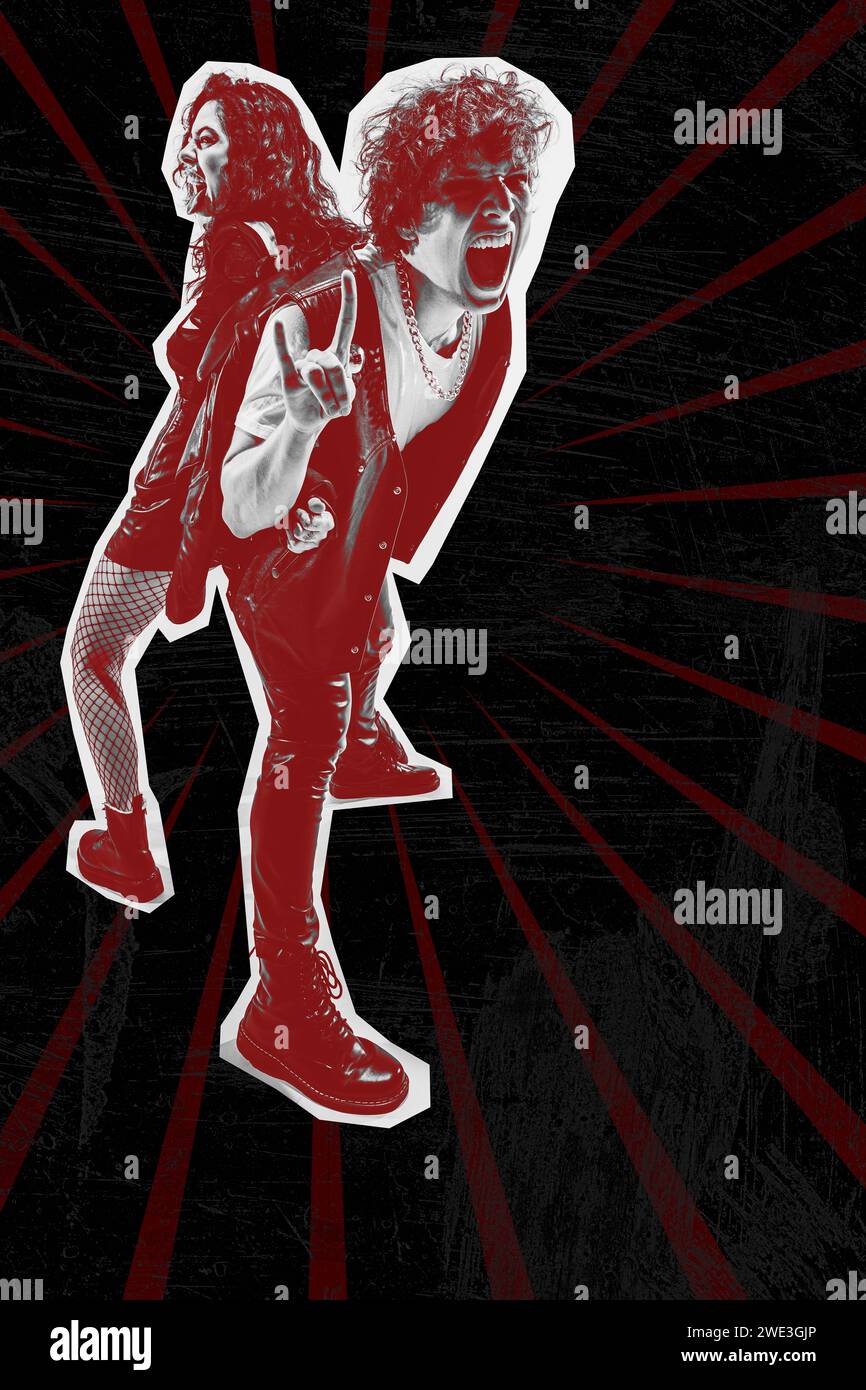 Poster. Contemporary art collage. Two crazy people, fans of heavy metal ...