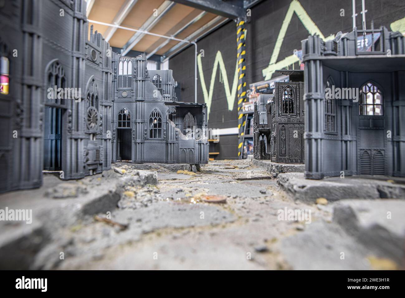 A Warhammer gaming board with defences in a gaming retail centre Stock ...