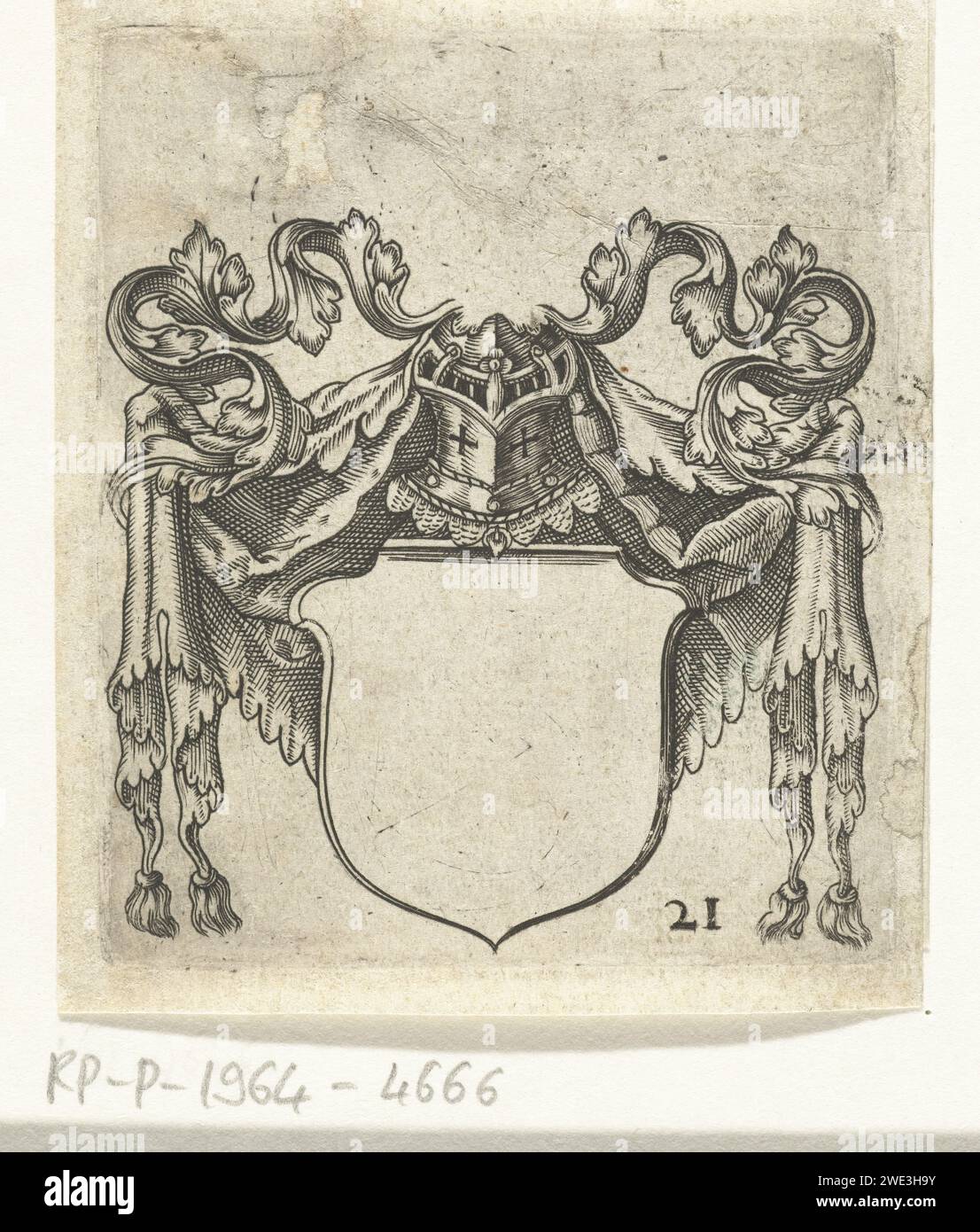 Weapon template with helmet and curtain, Johann Theodor de Bry, After ...