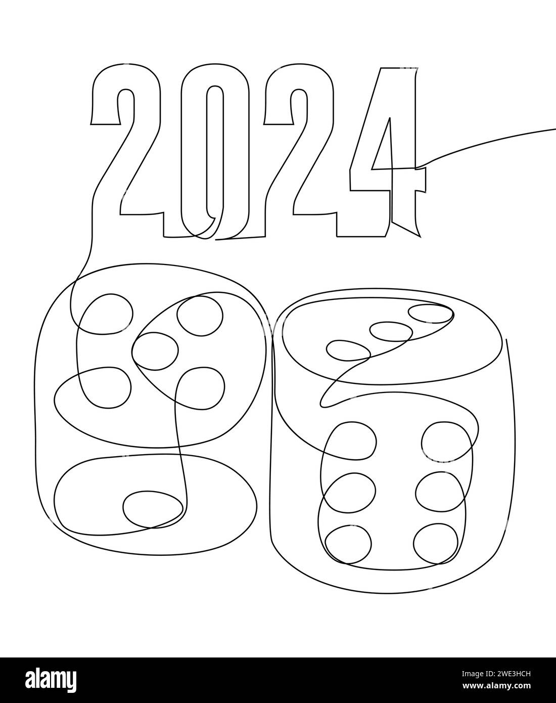 One continuous line of dice with number 2024. Thin Line Illustration ...