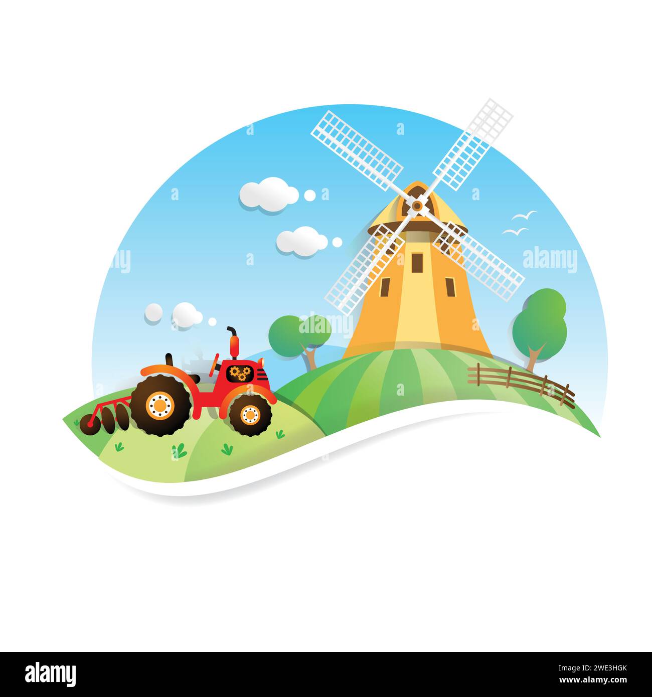 Farm cartoon on countryside background flat vector illustration Stock ...