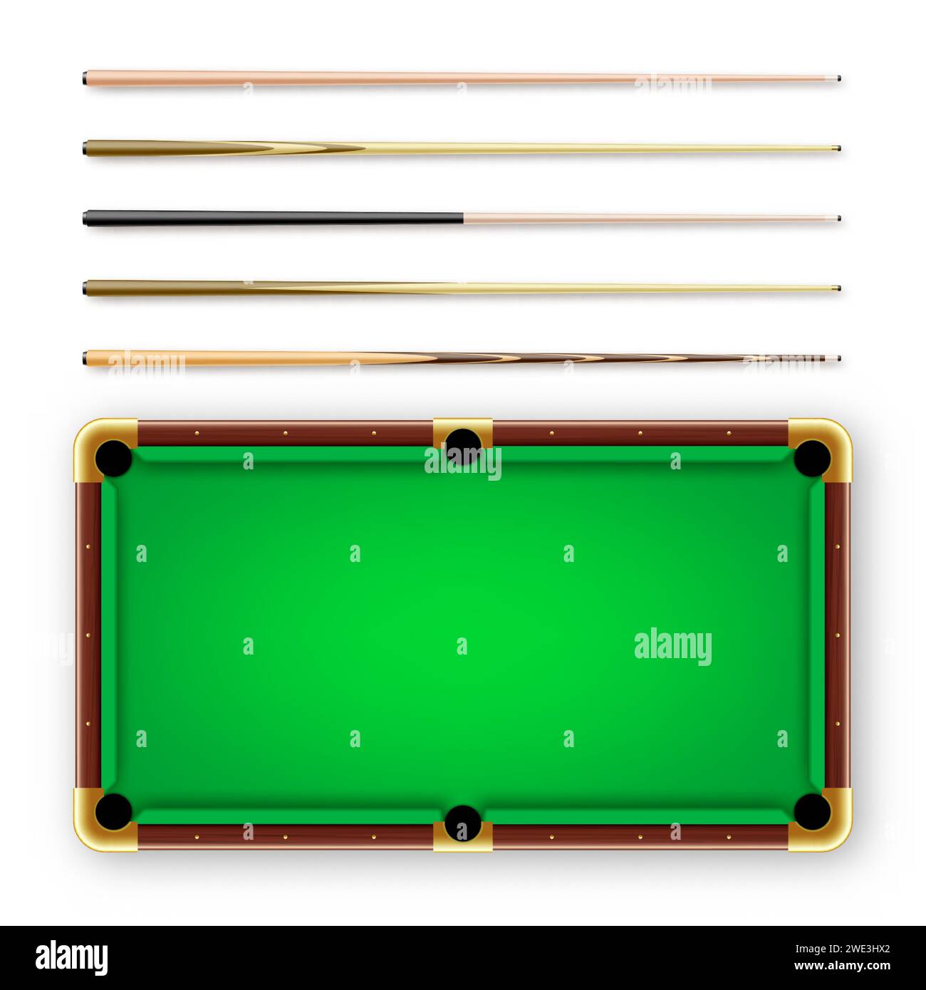 Various wooden billiard cues and green pool table. Snooker sports ...