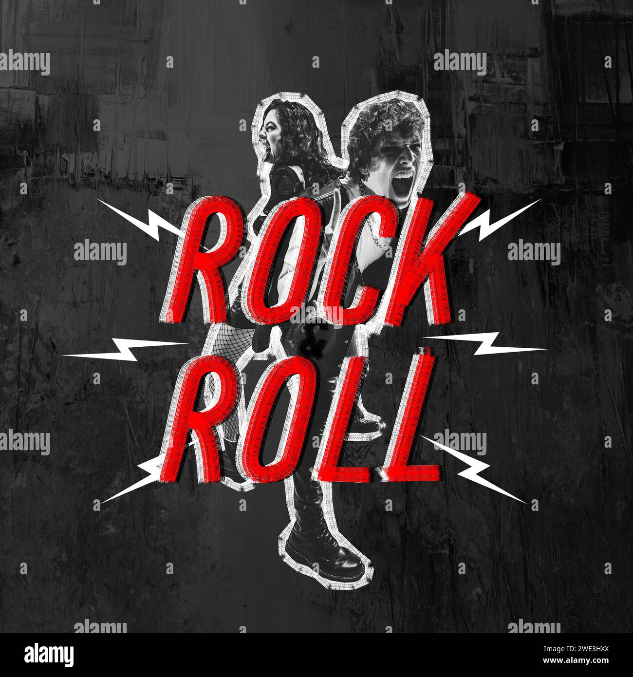 Poster. Contemporary art collage. Young charismatic couple, man and ...