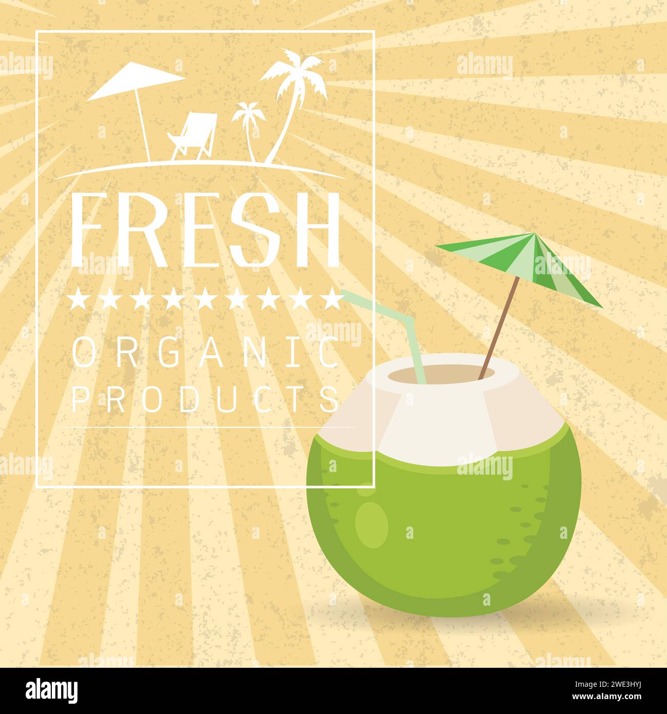 Fresh drinking coconut with a straw, cocktail umbrella on yellow ...