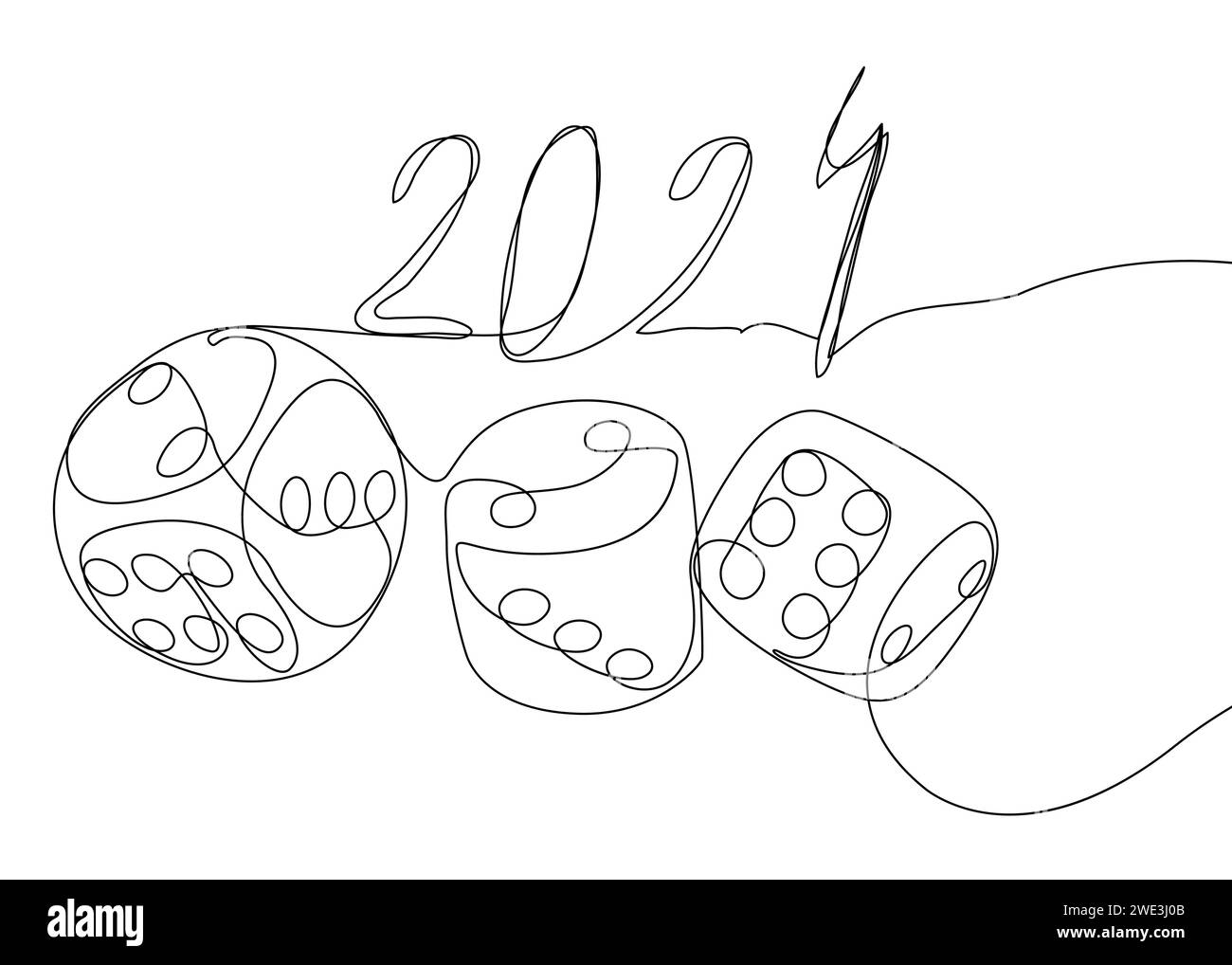 One continuous line of dice with number 2024. Thin Line Illustration ...