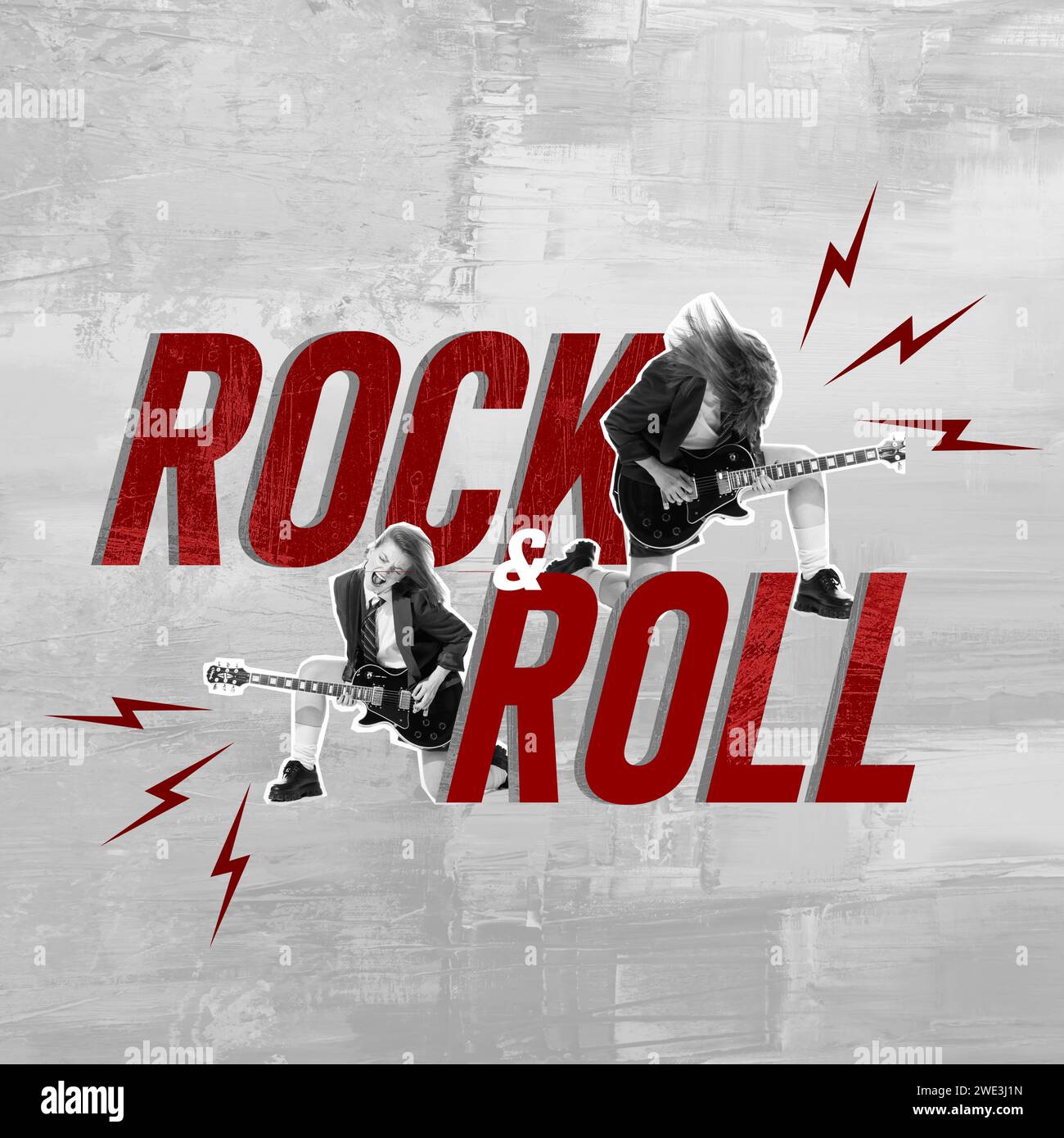 Poster. Contemporary art collage. Bold ROCK ROLL text with lightning ...