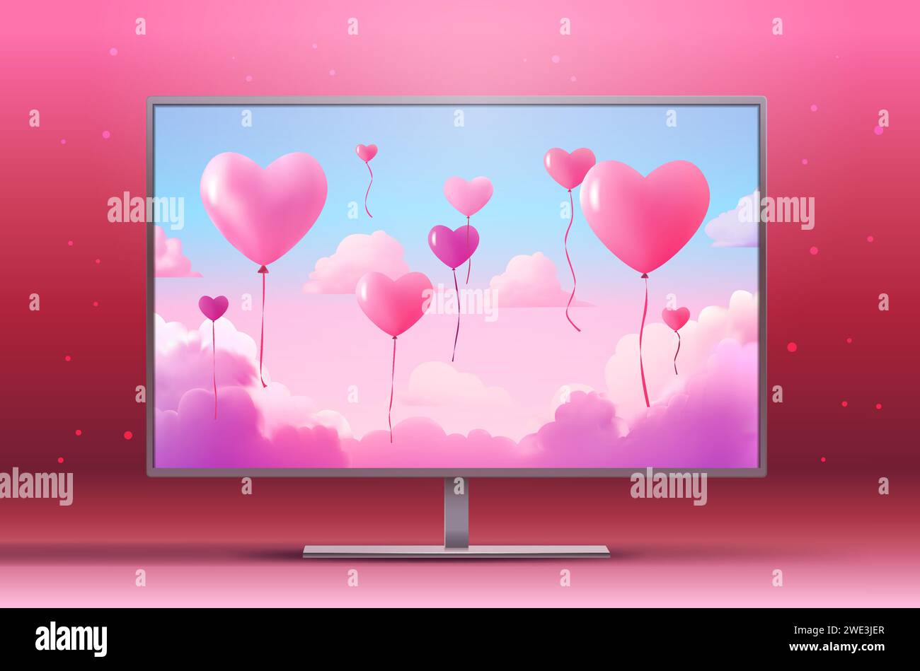 computer monitor screen with pink air balloons in heart shape flying in ...